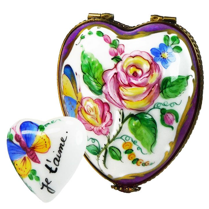 Heart Limoges Box with Raised Large Pink Roses + Matching Porcelain ...